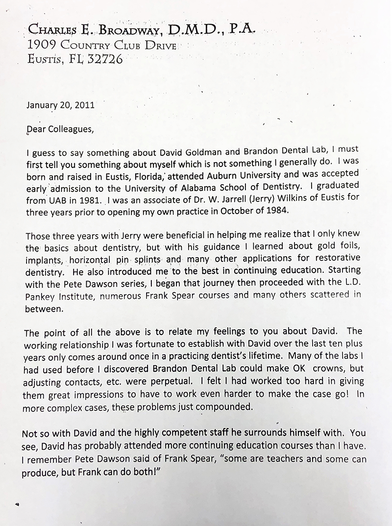 Testimonials - Brandon Dental Lab